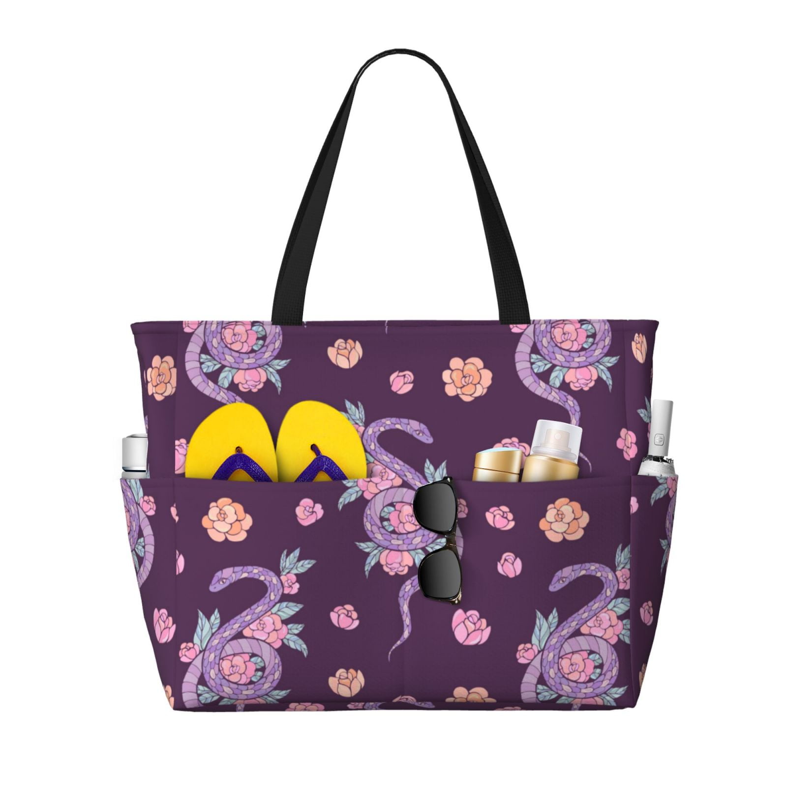 Beach Bag - Cartoon Cute Snake Flower Large Beach Tote Bag, Beach Bags ...