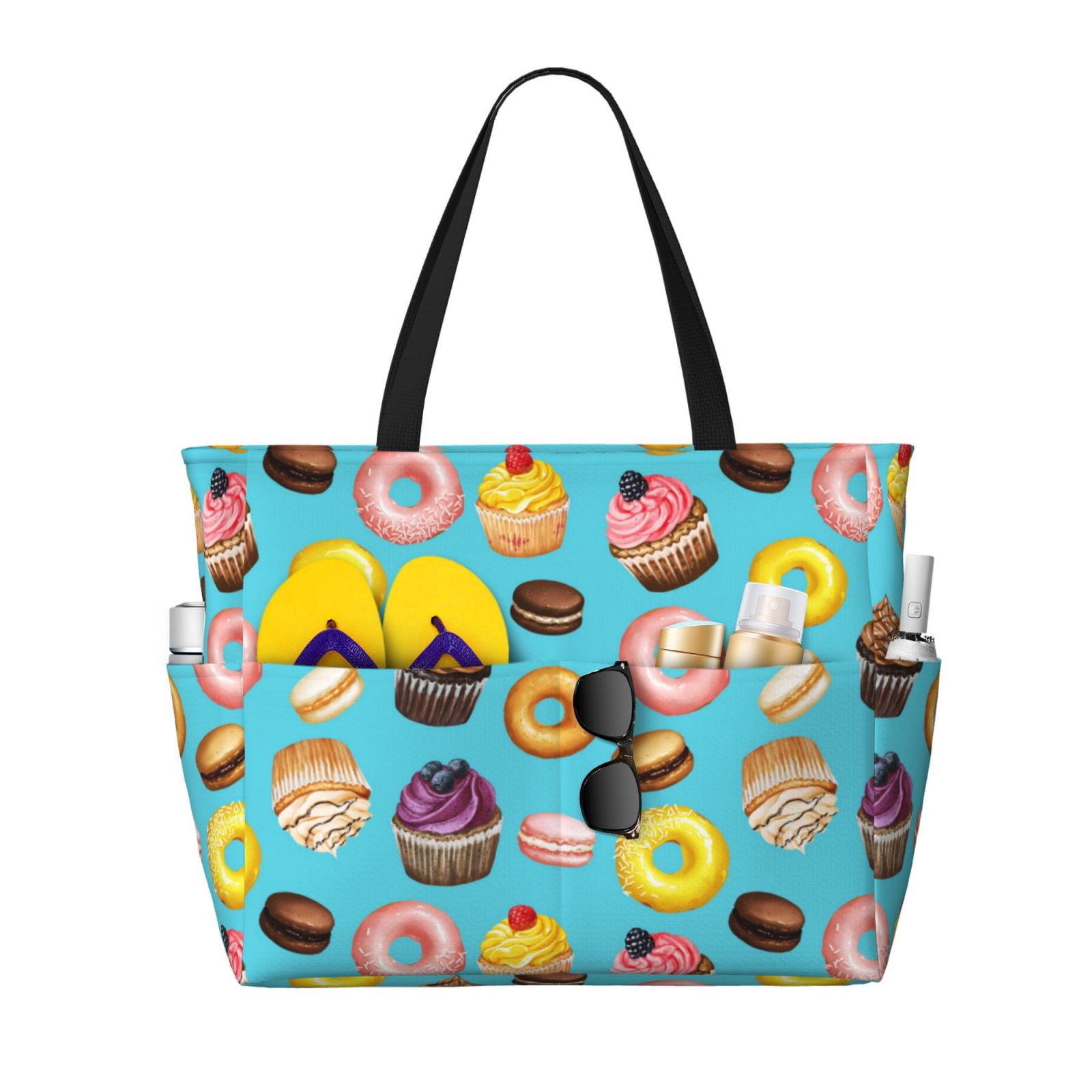 Beach Bag - Cupcake Donut Macaroon Prints Large Beach Tote Bag, Beach ...