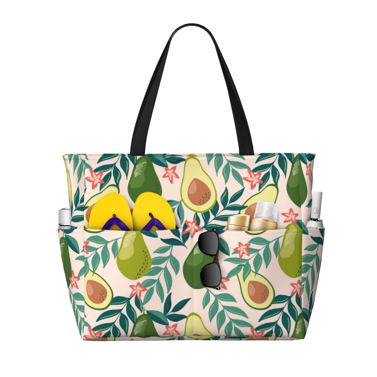 Beach Bag - Cute Avocado Pink Flower Large Beach Tote Bag, Beach Bags ...