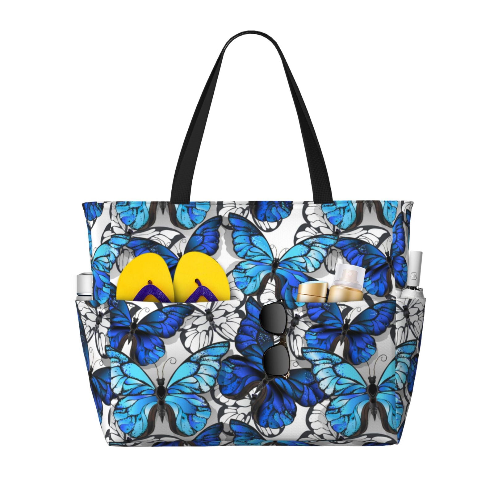 Beach Bag For Women, Blue And White Butterflies Beach Tote Bag ...