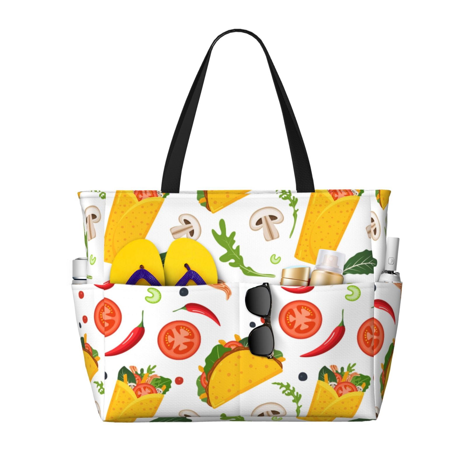 Beach Bag For Women, Chili Taco Tomato Bacon Print Beach Tote Bag Swim ...