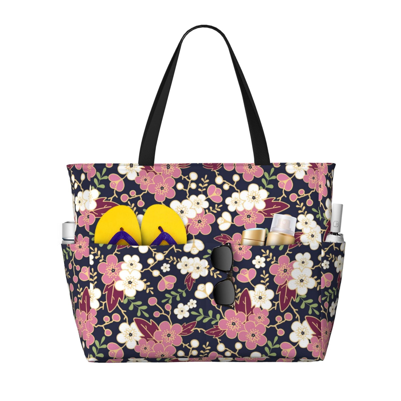 Beach Bag For Women, Pink White Flowers Beach Tote Bag Waterproof ...