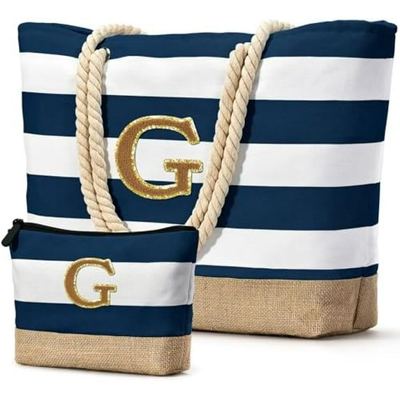 Beach Bag Initial Beach Tote with Makeup Bag for Travel Work Storage ...