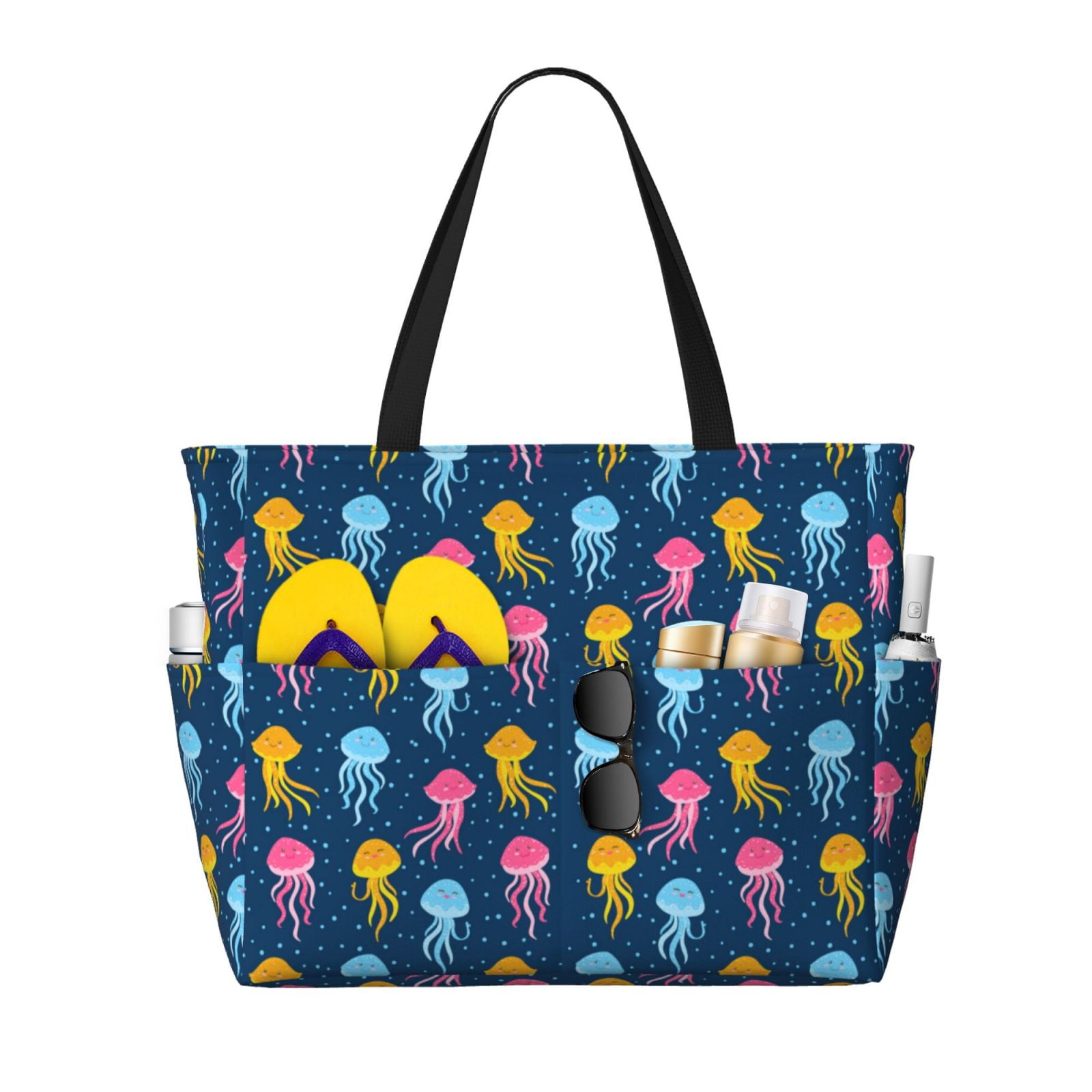 Beach Bag - Yellow Blue Pink Jellyfish Large Beach Tote Bag, Beach Bags ...