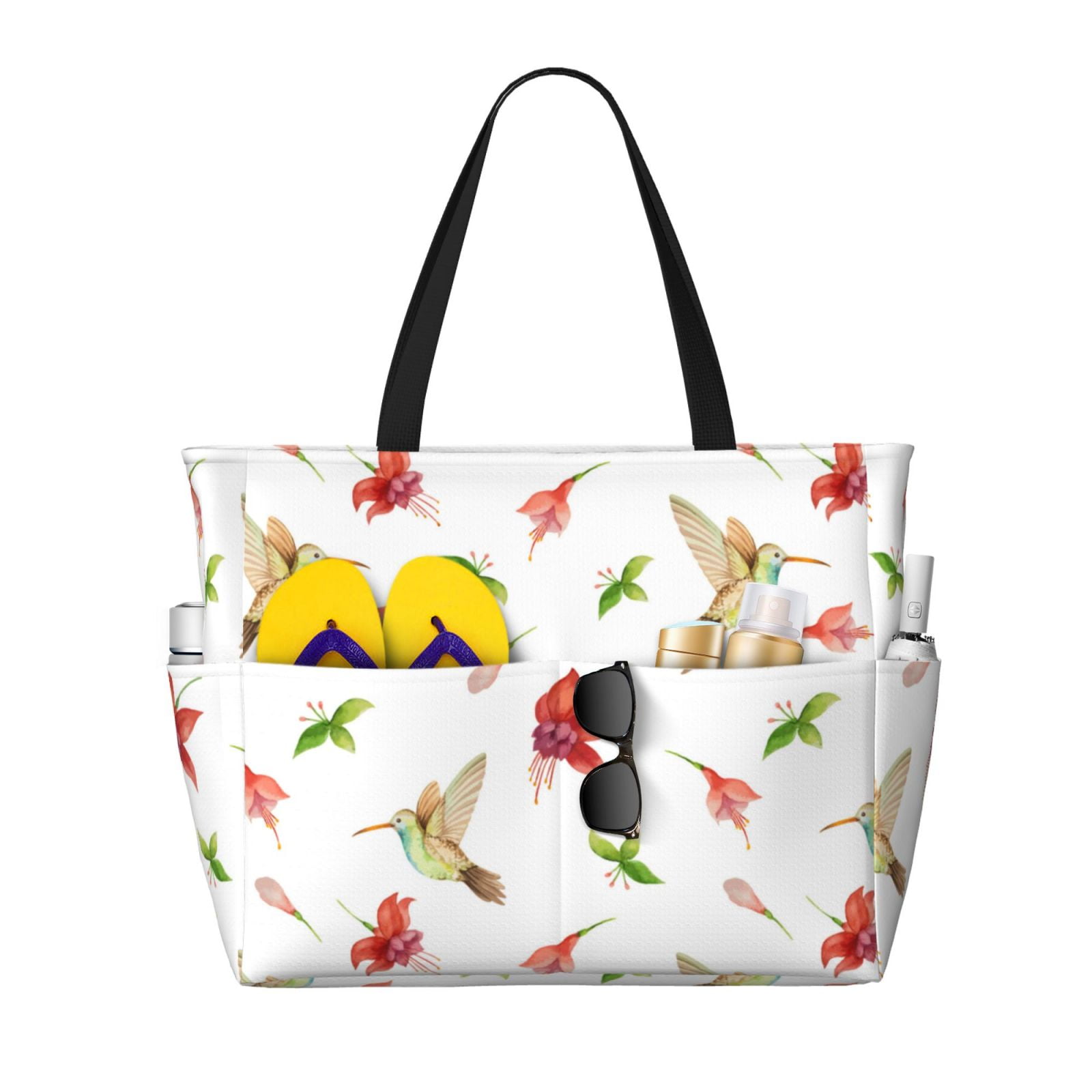 Beach Bags For Women - Flowers Hummingbird Large Beach Tote Bag, Beach ...