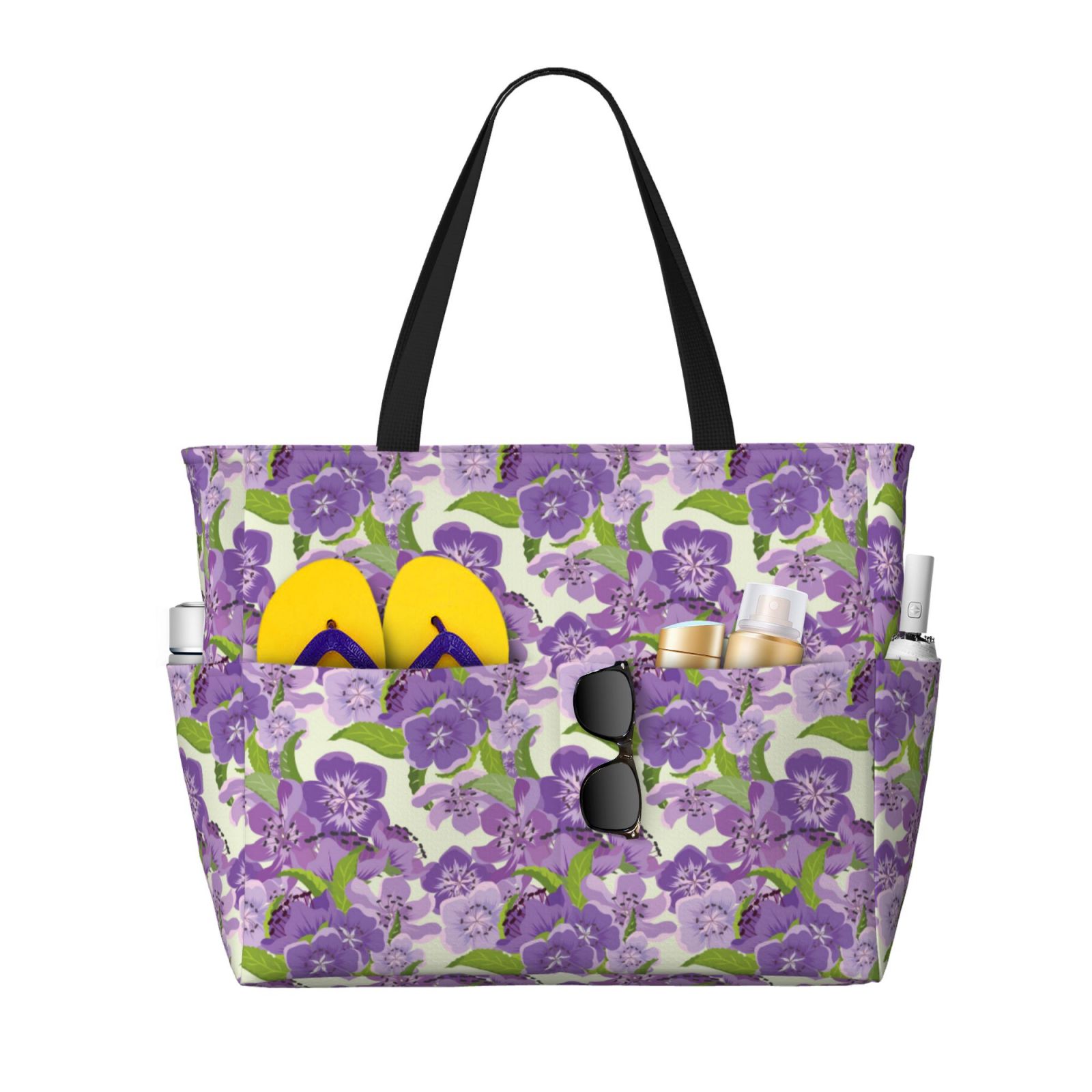 Beach Bags For Women - Violets Flowers Green Leaves Large Beach Tote ...