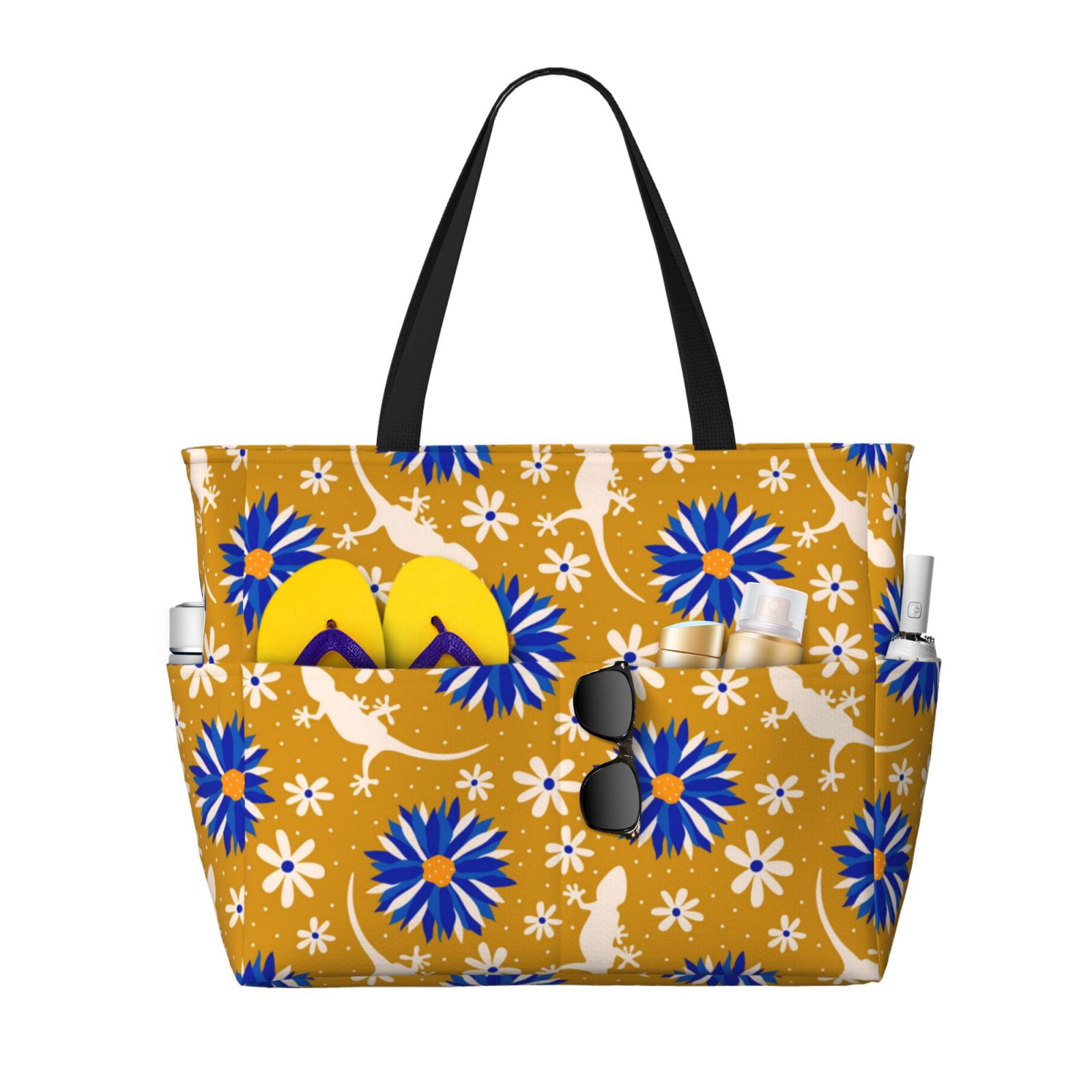 Beach Bags For Women - White Gecko Lizard Blue Flower Large Beach Tote Bag, Beach Bags ...