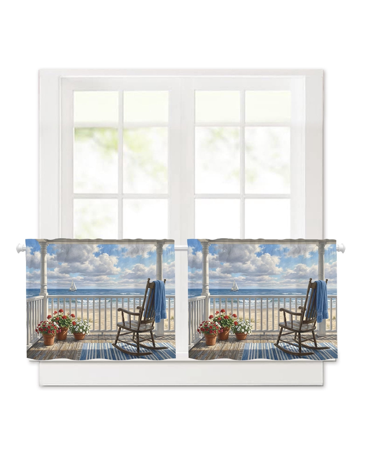 Beach Balcony Blue Ocean Sailing Boat Short Blackout Curtains 24 Inch ...