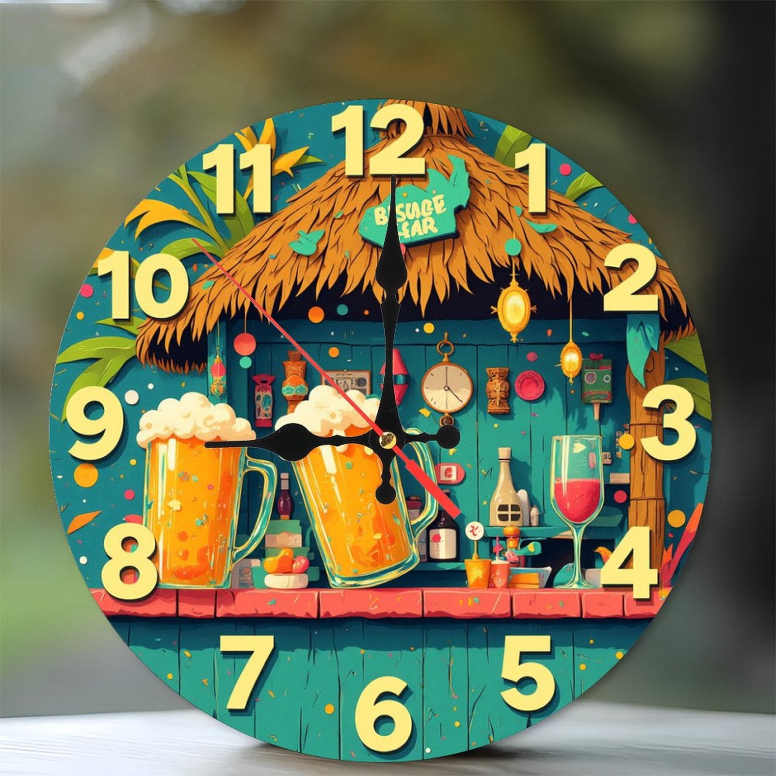 Beach Bar Tiki Clock Wall Decor 10-Inch Silent Wooden Wall Clock ...