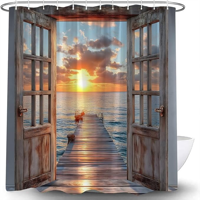 Beach Barn Door Shower Curtain Blue Ocean Sunset Sea Wave Nautical ...