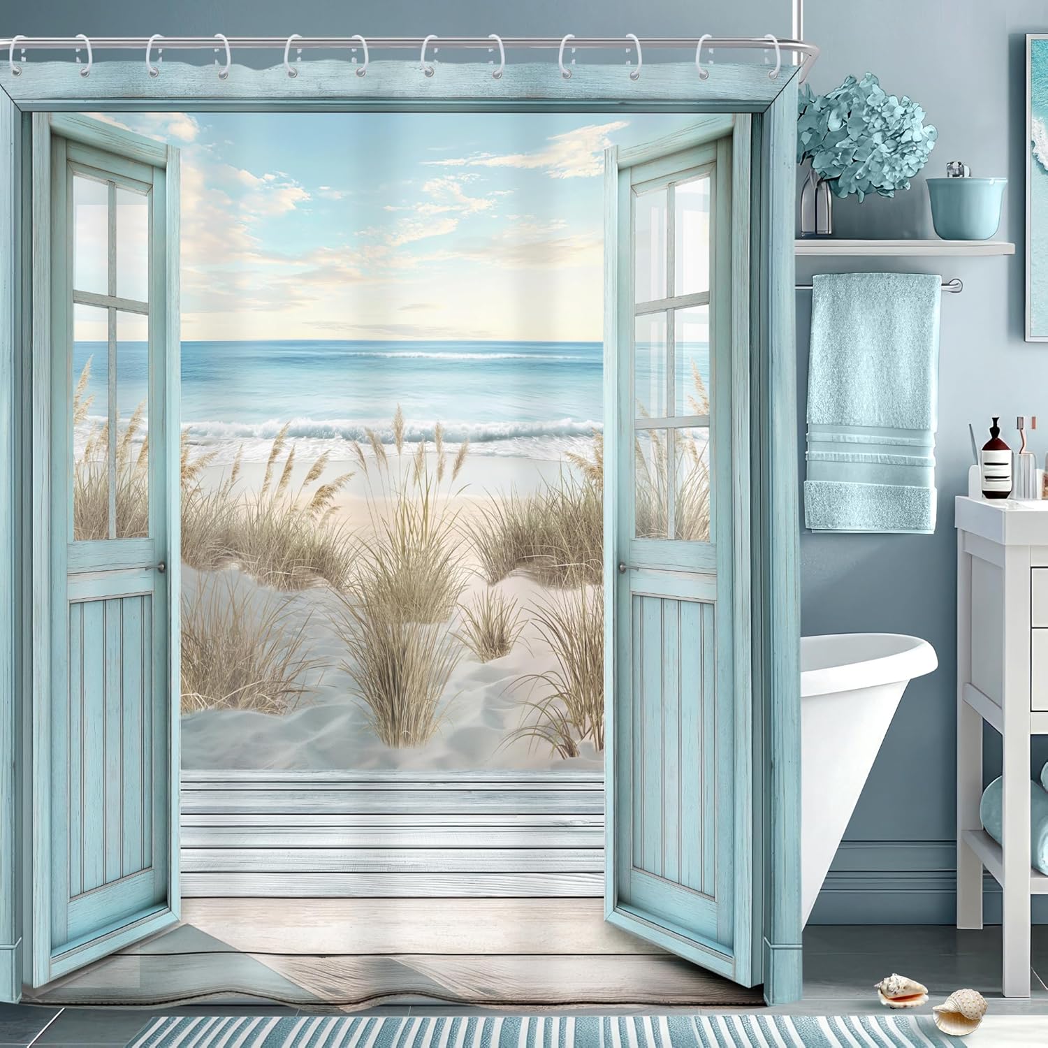 Beach Barn Door Shower Curtain Rustic Farmhouse Ocean Coastal Seaside ...