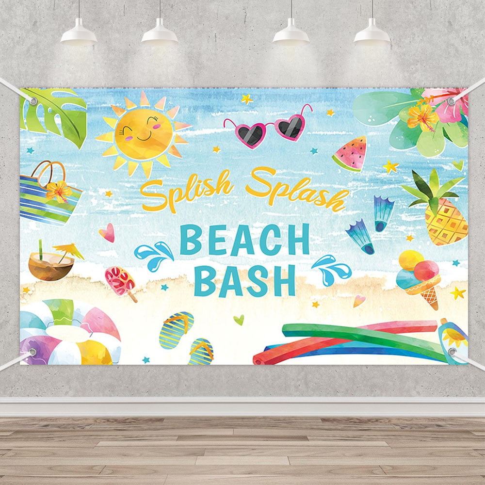Beach Bash Girl Birthday Backdrop Banner Summer Blue Sea Splish Splash ...