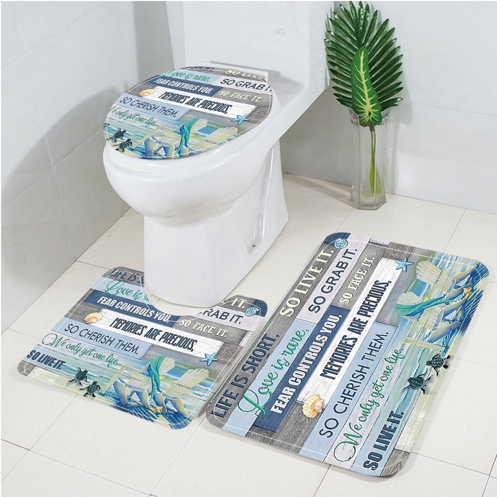 Beach Bath Mat Set,Blue Ocean Starfish Seashell Bathroom Mat Set with ...