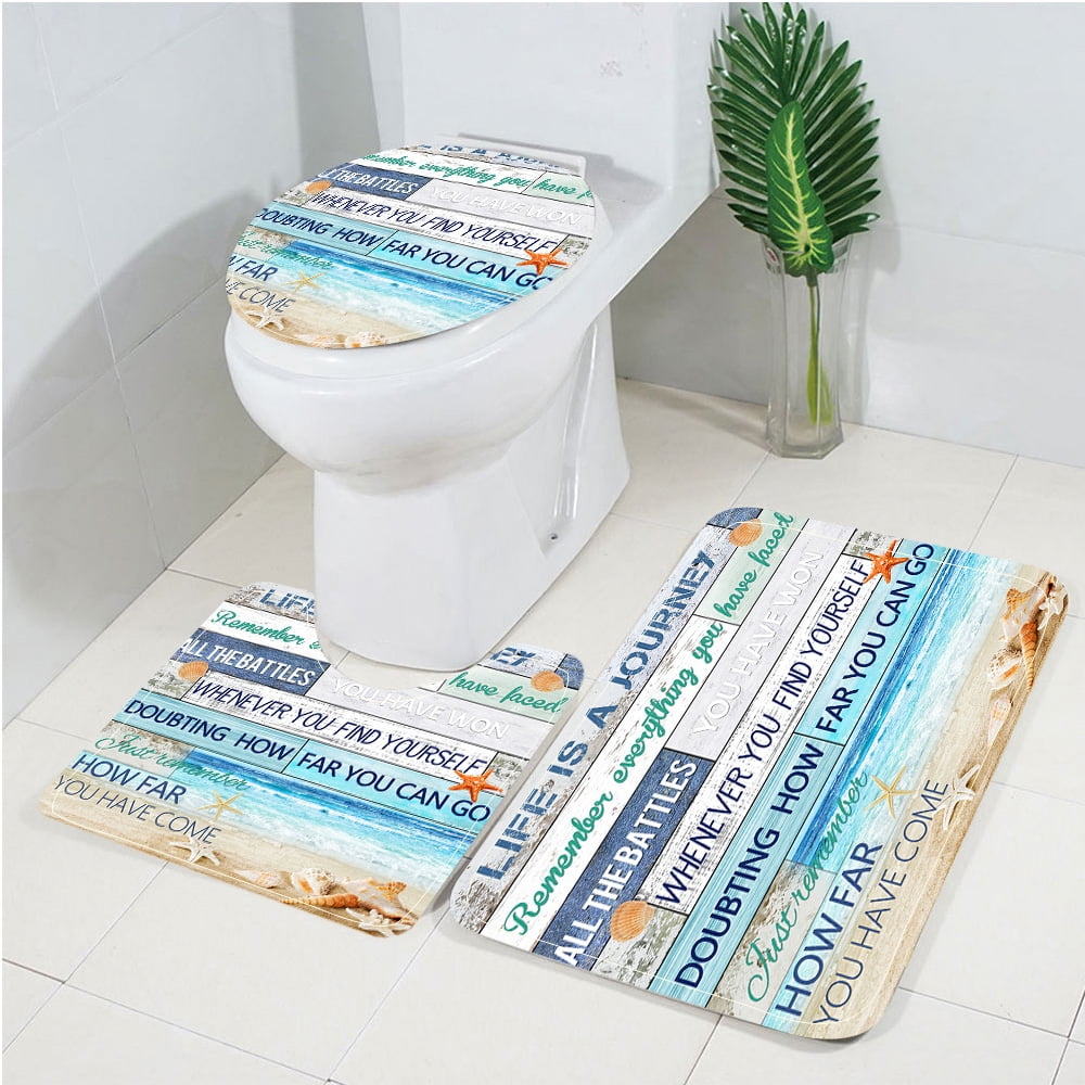 Beach Bath Mat Set, Teal Blue Ocean Theme Starfish Seashell Bathroom ...