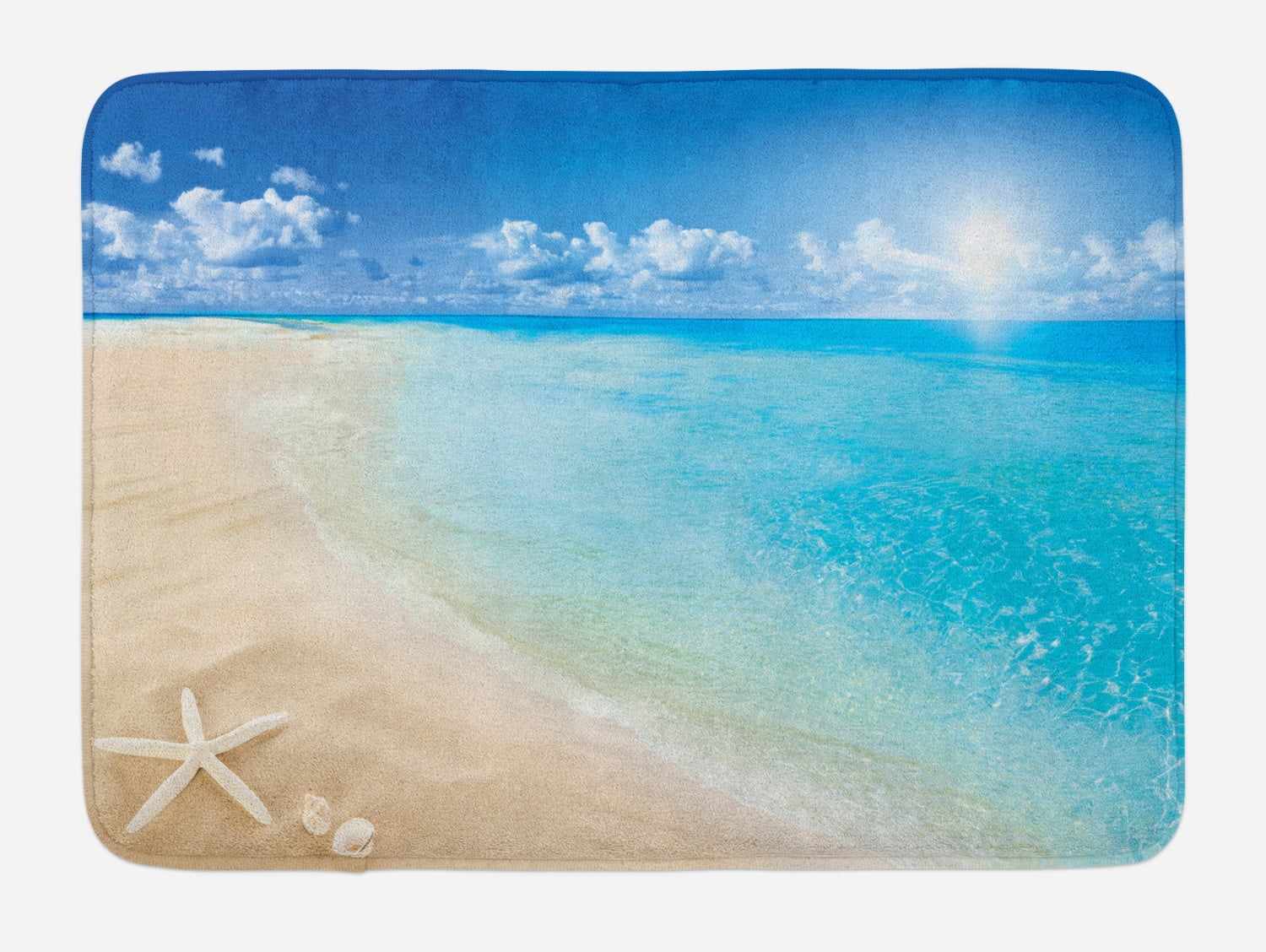 Beach Bath Mat, Sunny Summer Seashore with Clear Sky Seashells Starfish ...