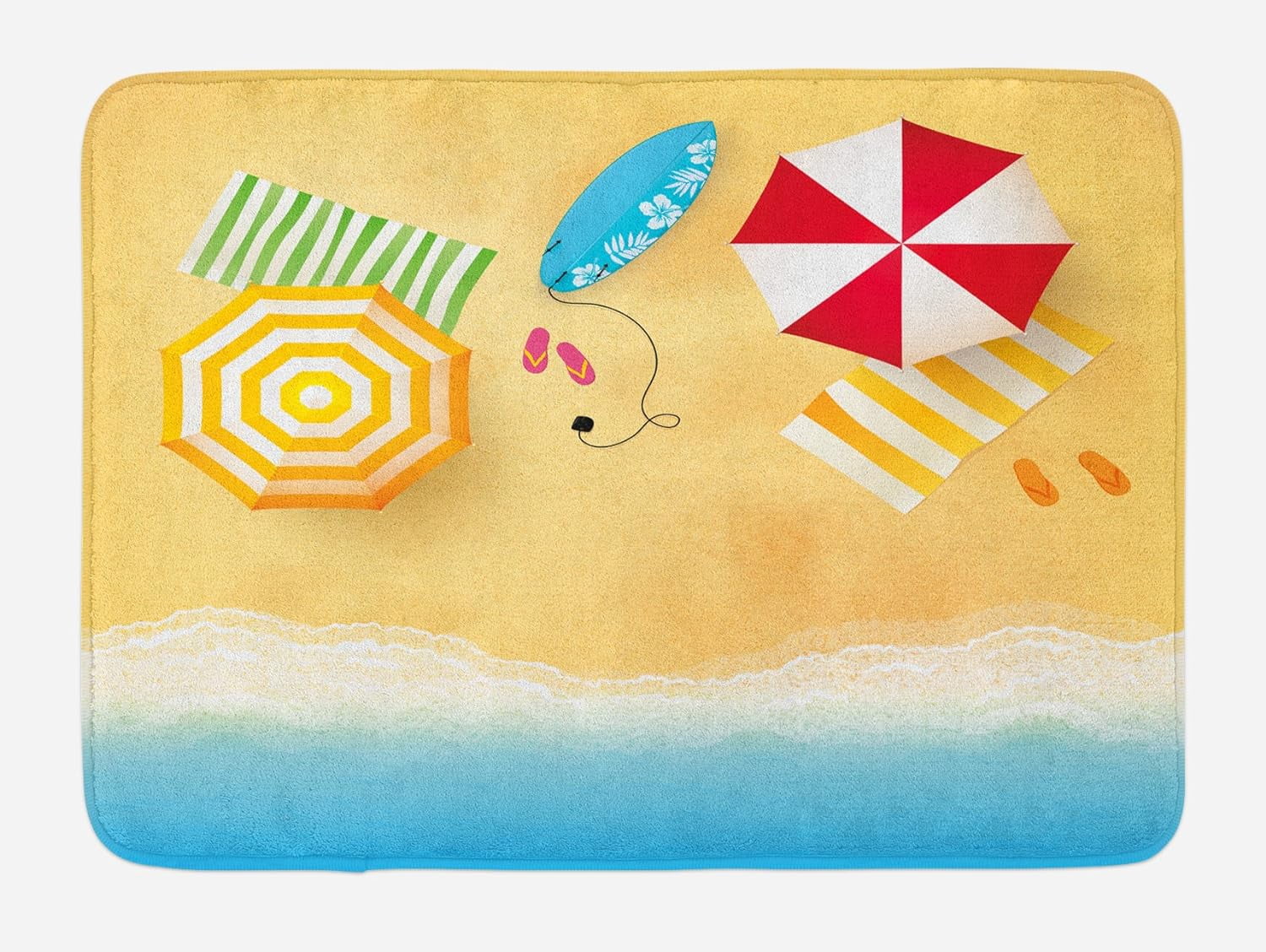 Beach Bath Mat, Waves Umbrella Towels and Surfing Board Swimming Themed ...