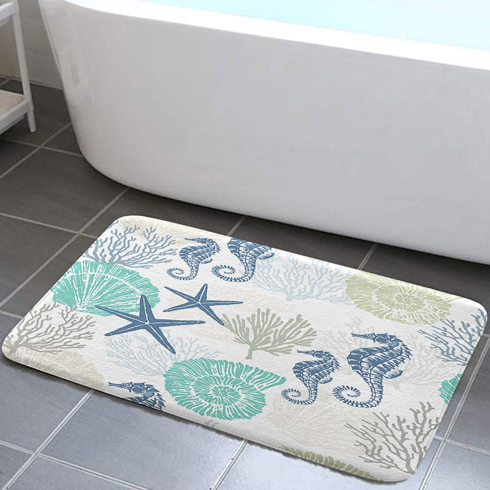 Beach Bath Rugs, Nautical Coastal Sea Shells Stars Seahorse and Coral ...