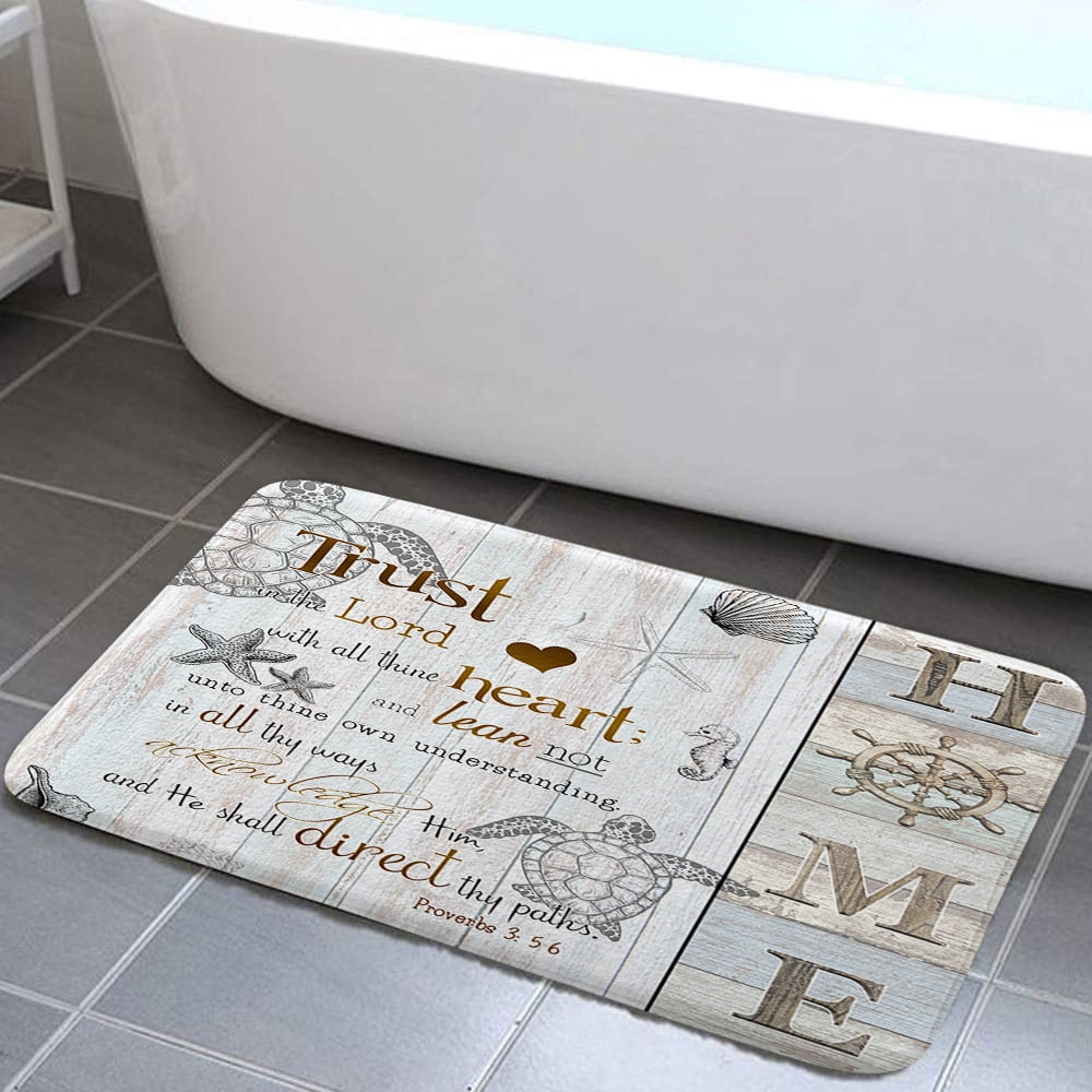Beach Bath Rugs, Sea Turtle Starfish Seashell Retro Rustic Ocean Wooden ...