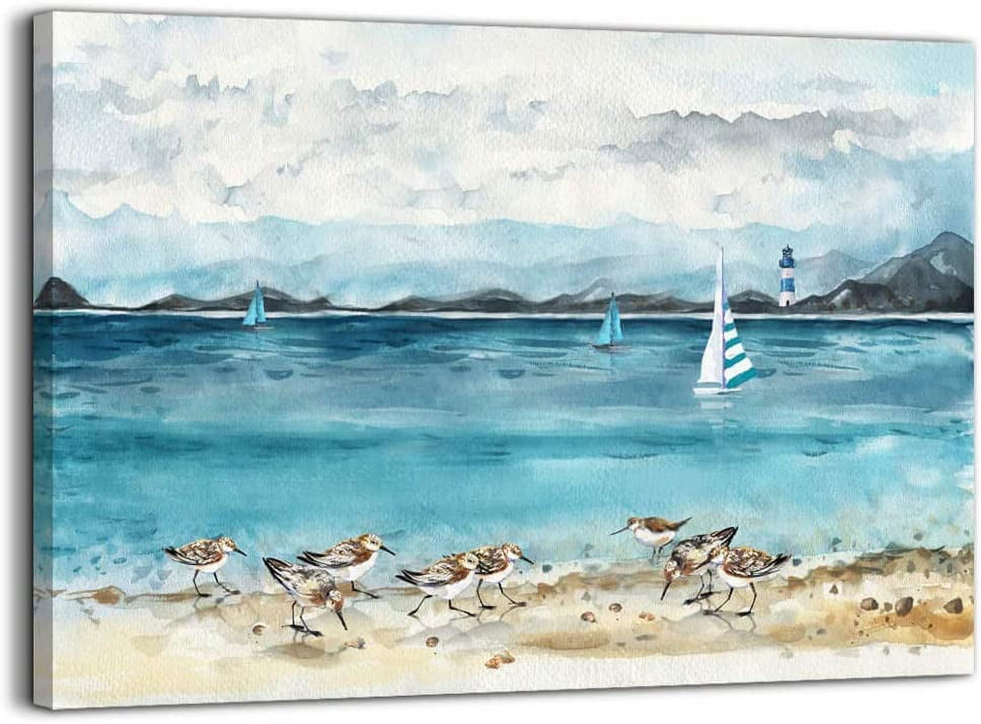 Beach Bathroom Decor Wall Art Ocean Lighthouse Seabird Paintings Artwork for Walls Summer Theme ...