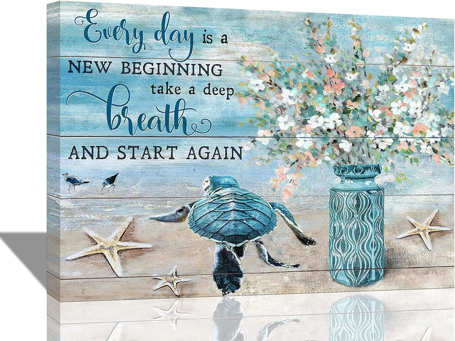 Beach Bathroom Decor Wall Art Sea Turtle Flowers Canvas Painting Blue ...