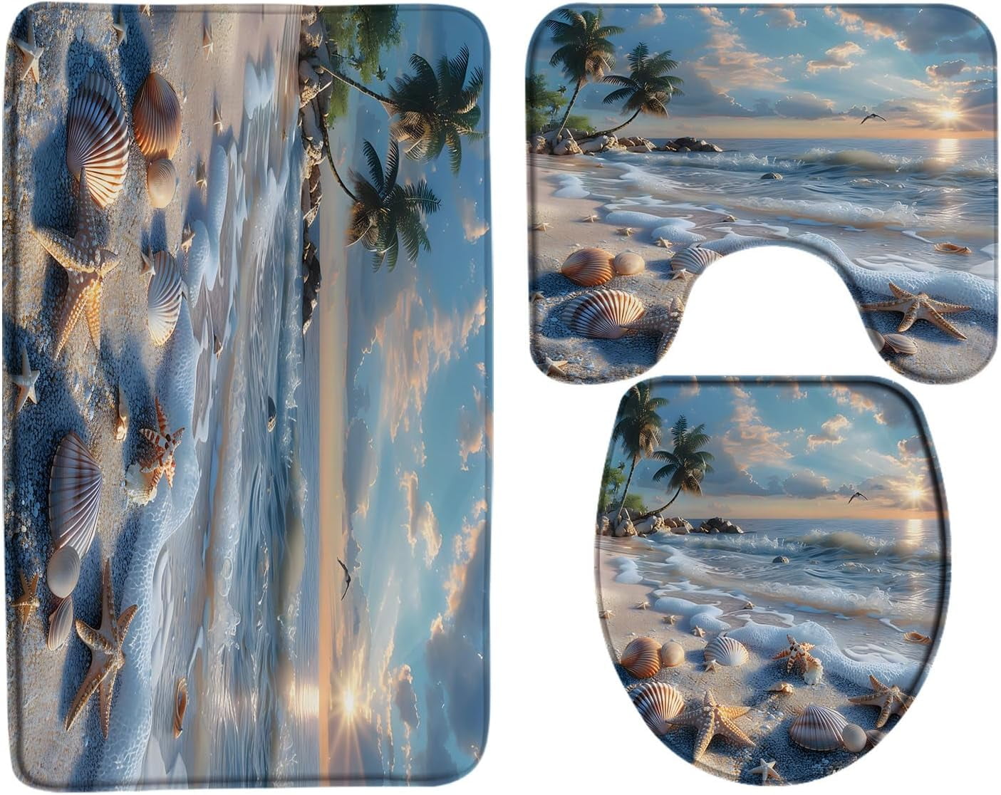 Beach Bathroom Rug Set 3 Piece, Sunset Ocean Palm Tree Starfish ...