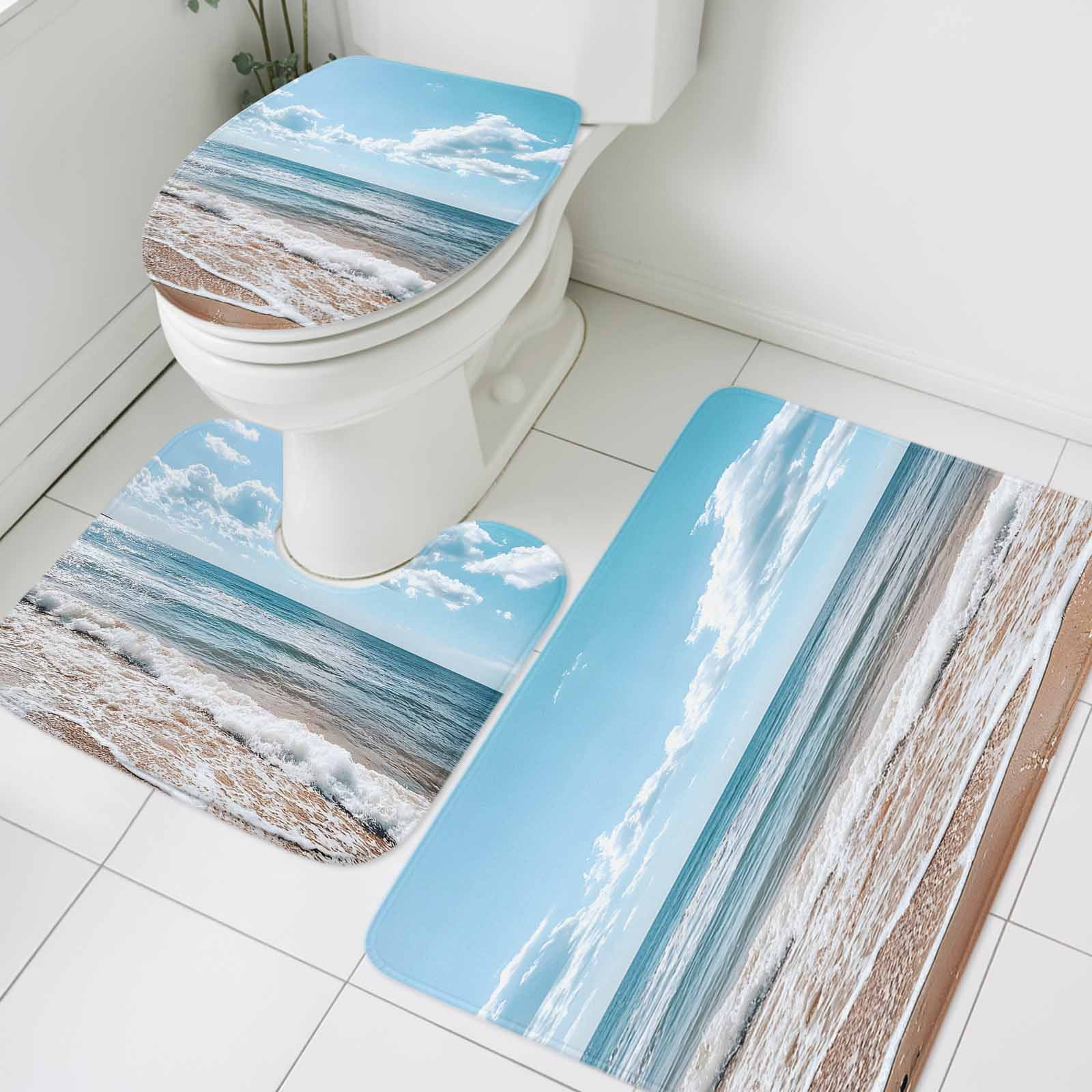 Beach Bathroom Rugs Set Ocean Scenery Non Slip Absorbent Soft Bath Mats ...