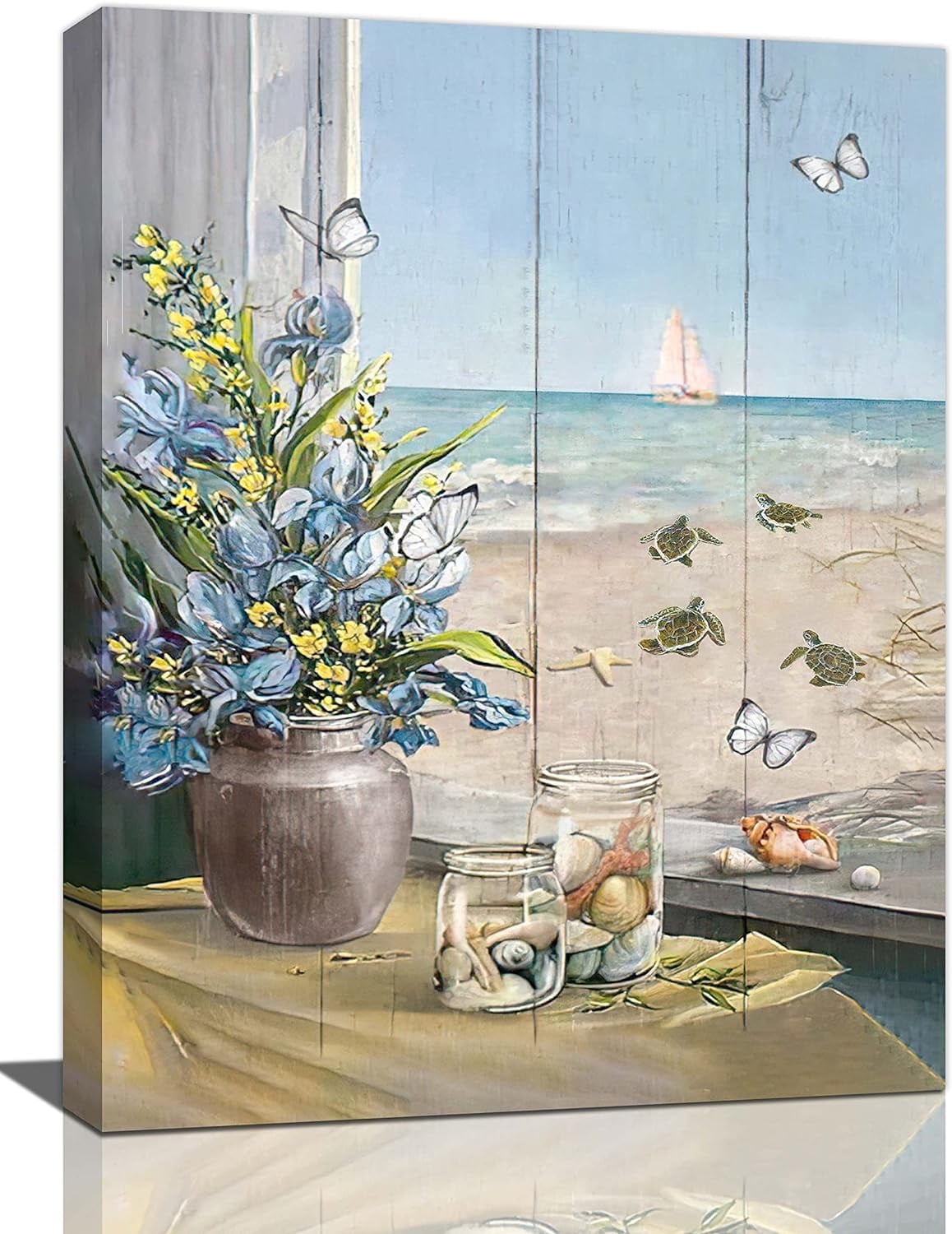Beach Bathroom Wall Art Coastal Flower Turtle Butterfly Pictures ...