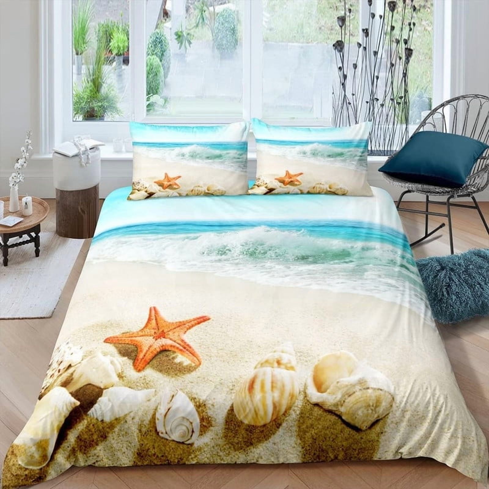 Beach Bedding Set Coastal Ocean Duvet Cover Blue Conch Starfish Pattern ...