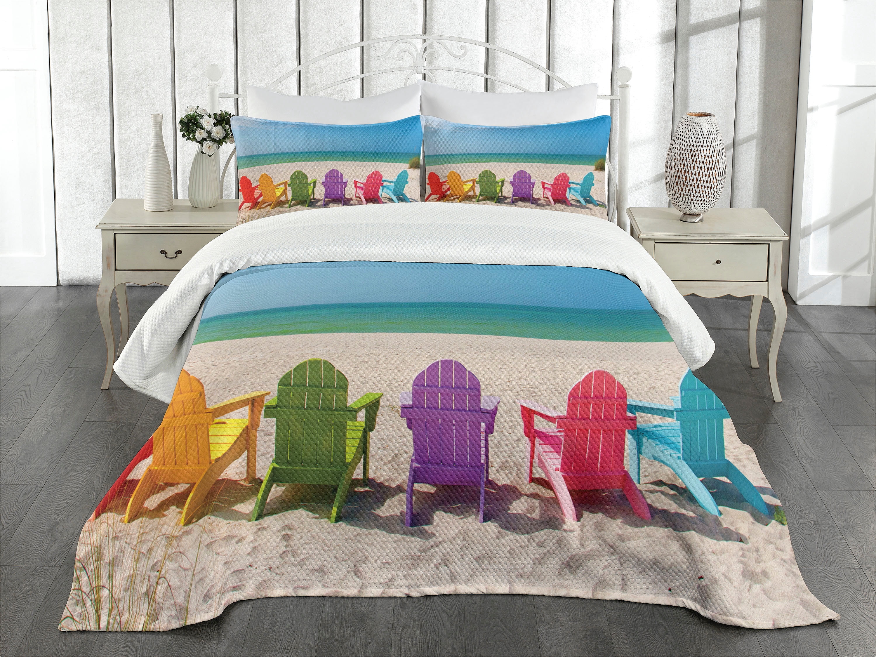 Beach Bedspread Set Queen Size, Colorful Chairs Summer Season Vacation ...