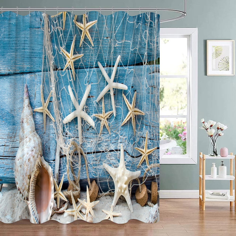 Beach Beige Fabric Shower Curtains Lighthouse Star with Non-Slip Rug ...