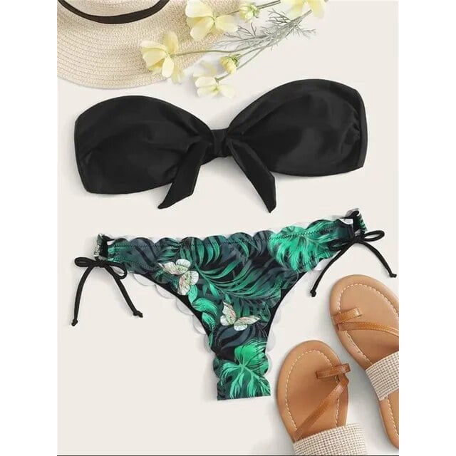 Beach Bikini 2024 Woman Sexy Front Lace Up Tie Bandeau Leopard Swimsuit ...