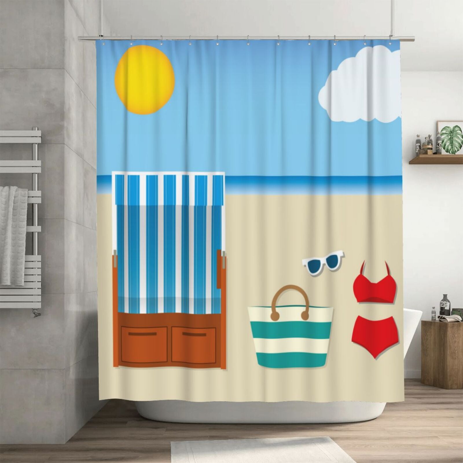 Beach Bikini Lifebuoy Pattern Shower Curtain, Flip-flop Cloud Sun ...