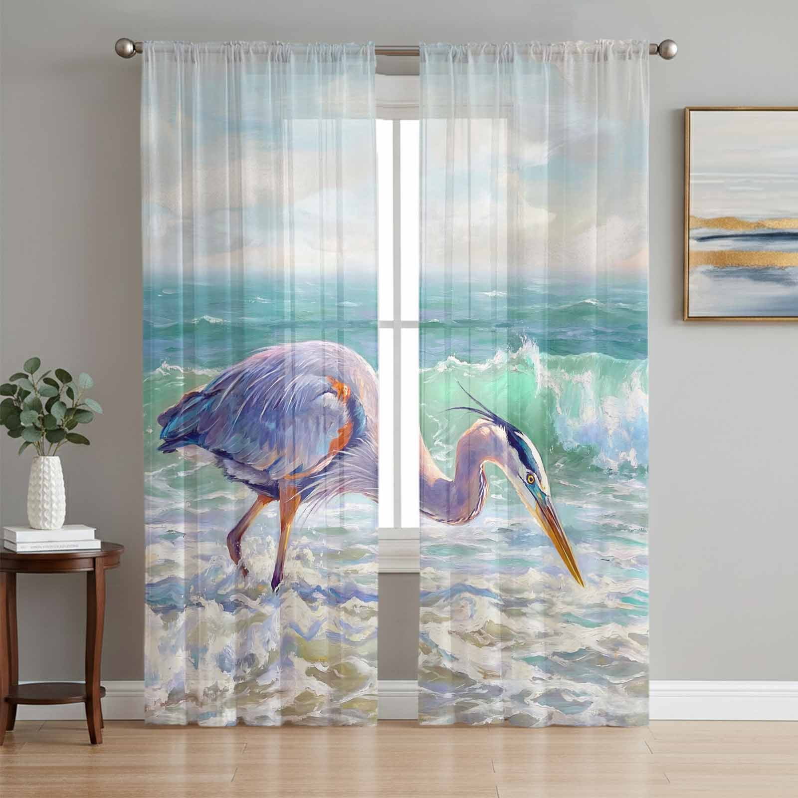 Beach Bird Sheer Curtains for Living Room Bedroom Nature Ocean Waves ...
