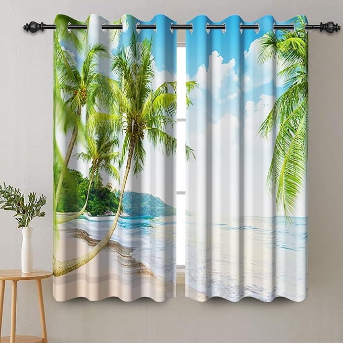 Beach Blackout Window Curtains Summer Ocean Palm Tree Pattern Window ...