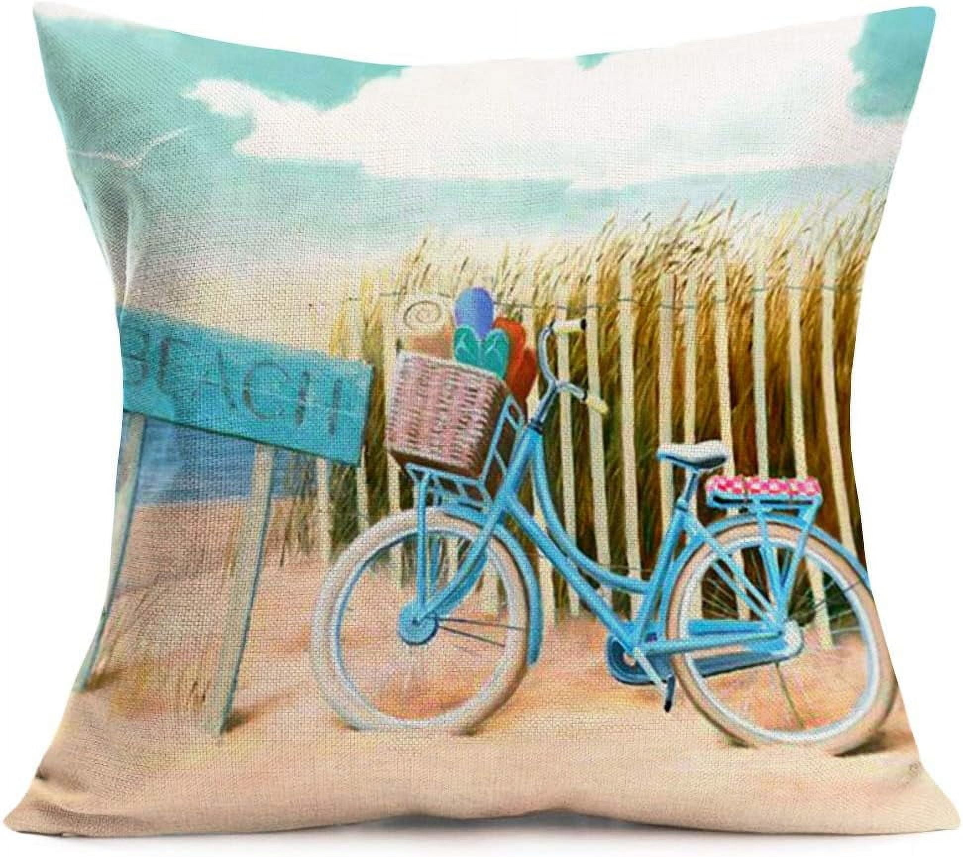Beach Blue Bike Throw Pillow Covers Cotton Linen 20X20 Inch Summer Coastal Bicycle Decorative ...