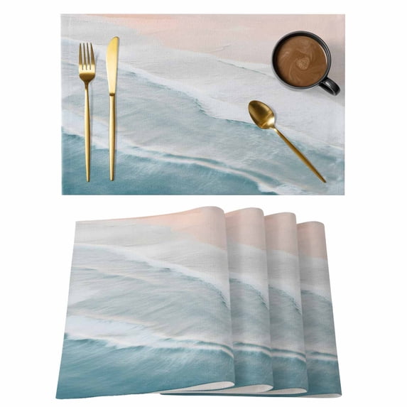 Beach Blue Cotton Linen Placemats Set of 2, Beige Gradient Ocean Wave ...