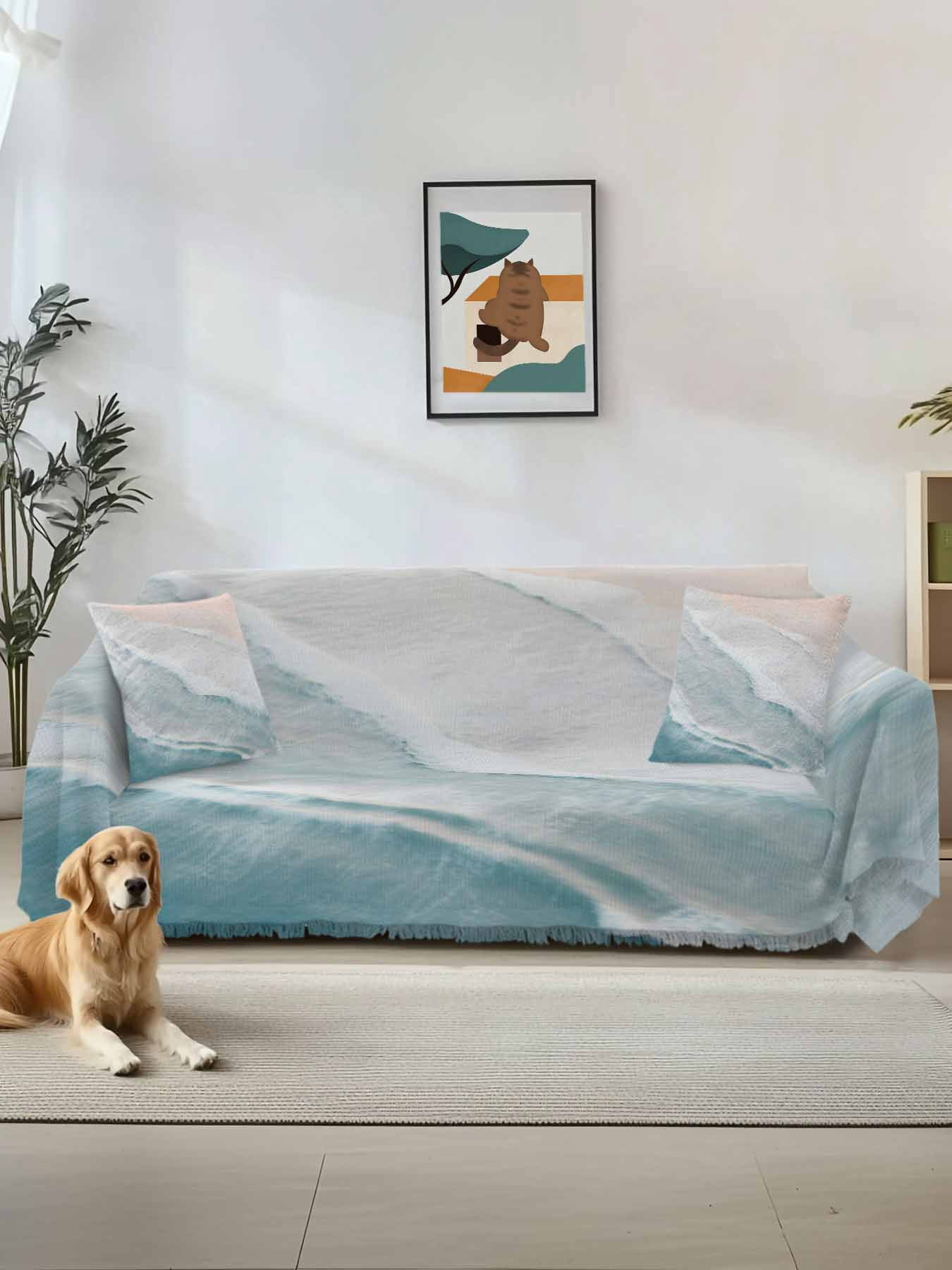 Beach Blue Couch Cover, Gradient Ocean Waves Seashore Sunset Oversized ...