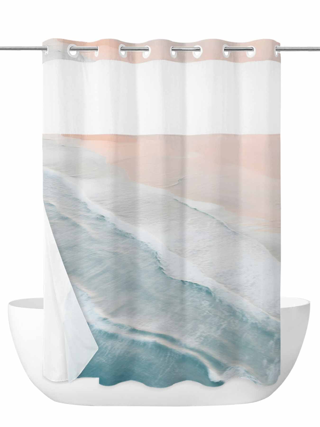 Beach Blue No Hook Shower Curtain and Liner Set Beige Gradient Ocean ...
