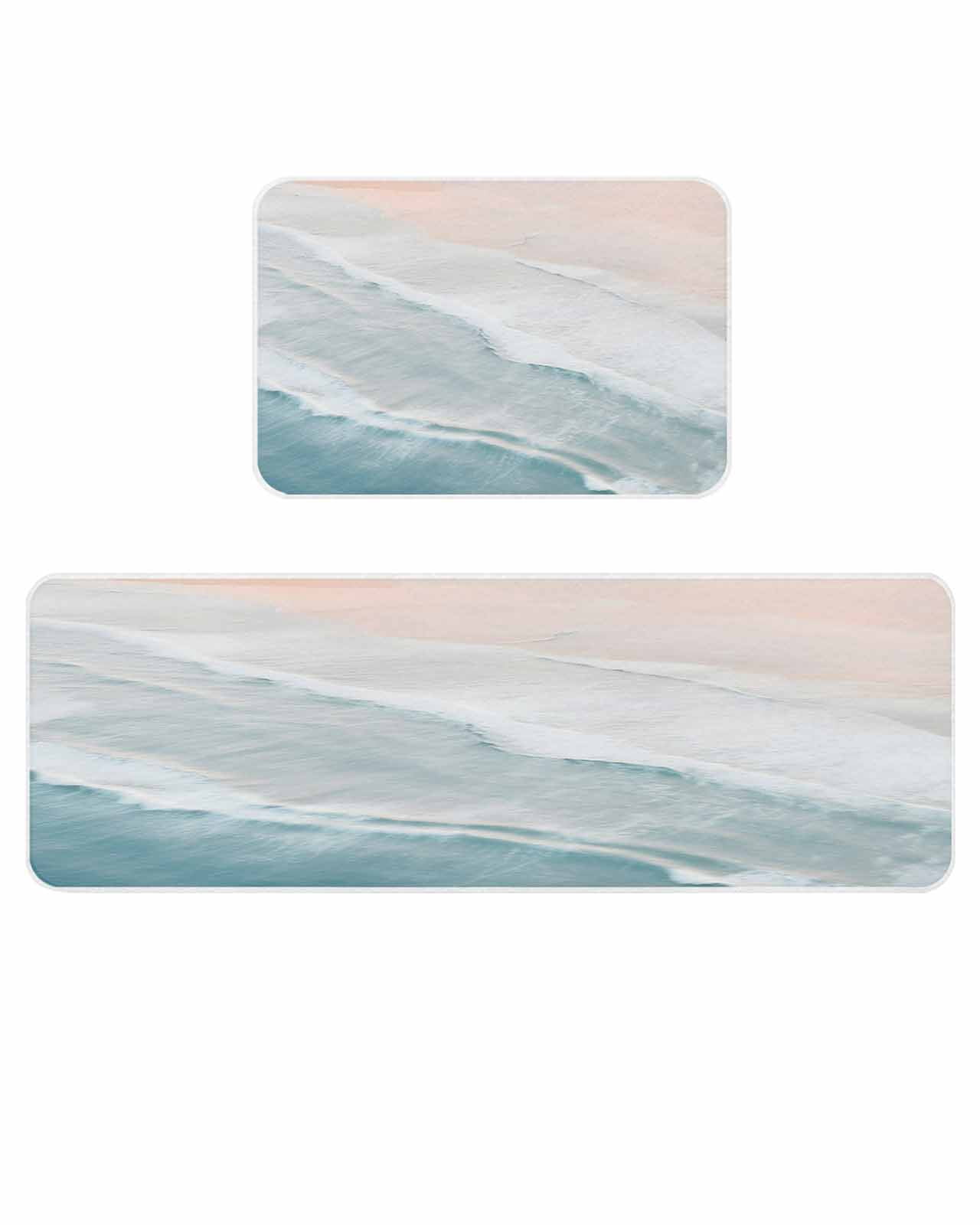 Beach Blue Kitchen Mats for Floor 2 Piece, Beige Gradient Ocean Wave ...