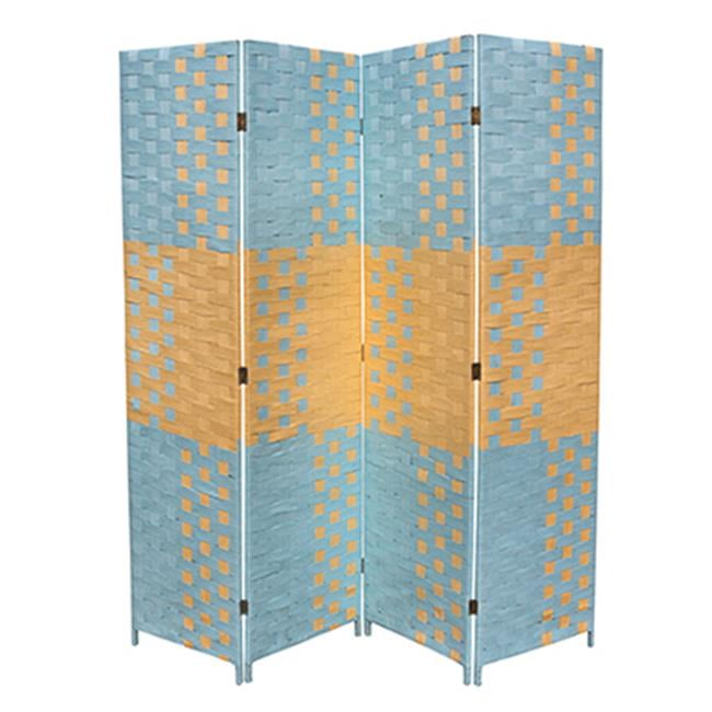 Beach Blue-Natural Paper Straw Weave 4 Panel Screen On 2 in. H Legs ...