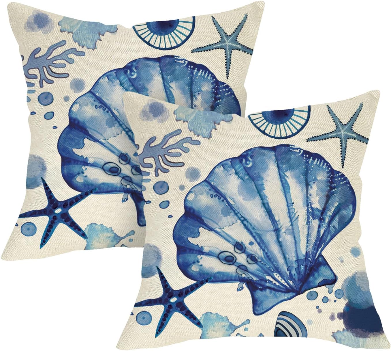 Beach Blue Scallop Shell Decorative Throw Pillow Covers 16x16 Inch Set