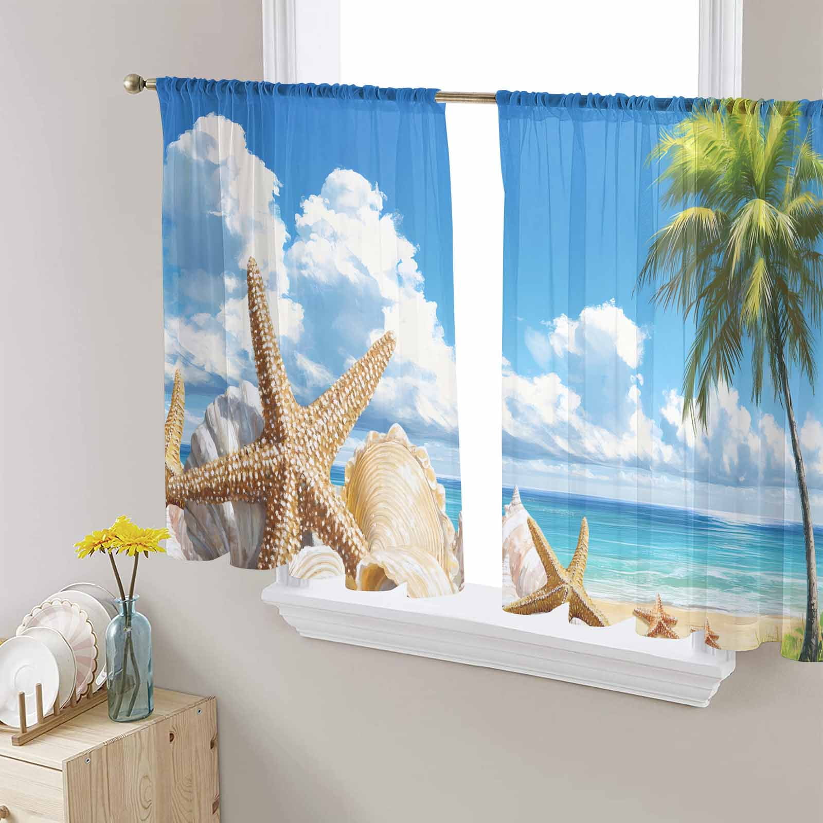 Beach Blue Semi Sheer Curtains 54 Inch Length 2 Panels Set, Starfish ...