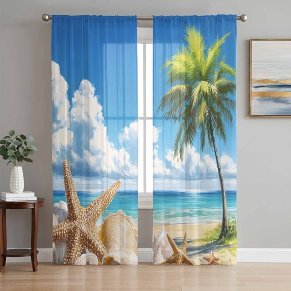 Beach Blue Sheer Curtains 63 Inch Length 2 Panels Set, Starfish Palm ...