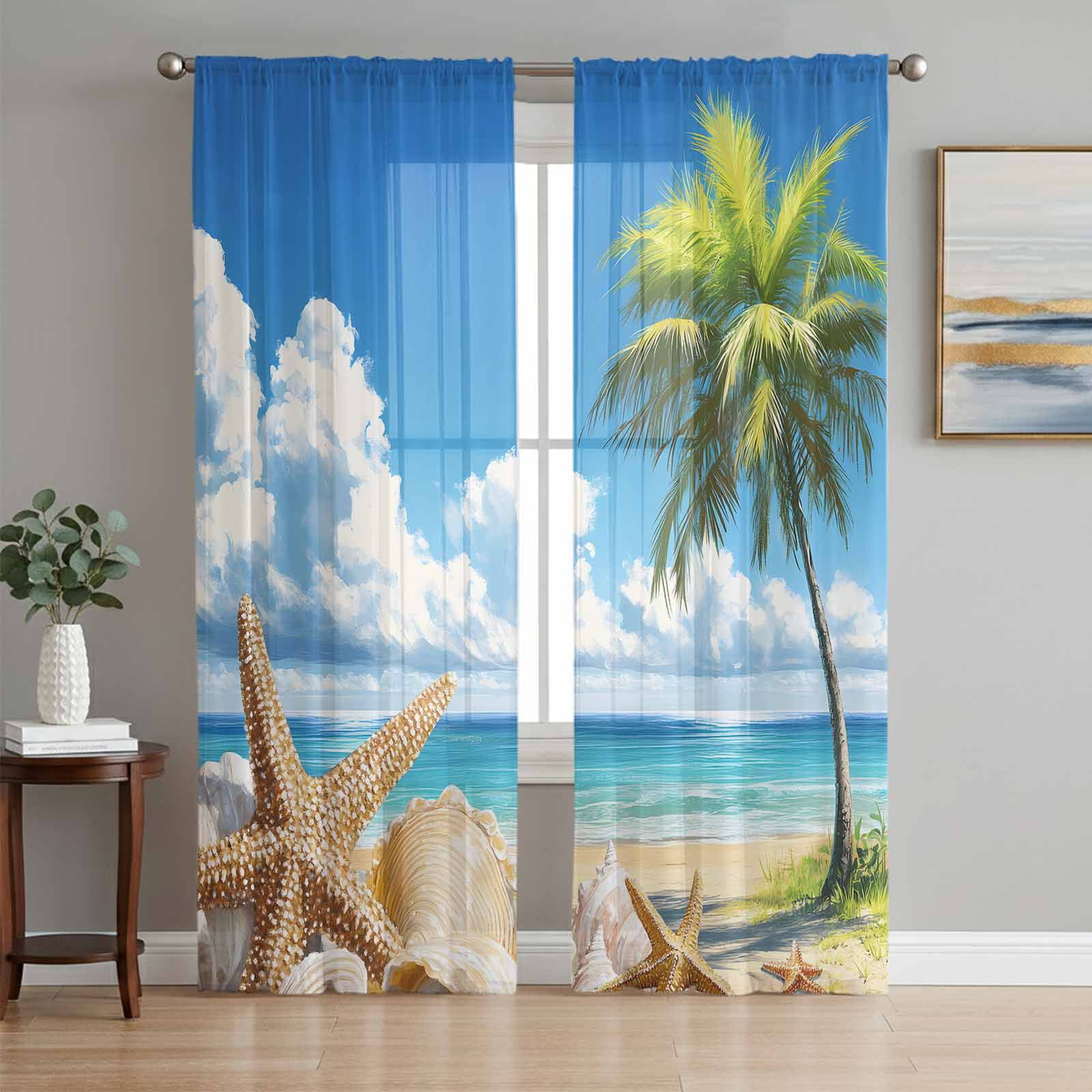 Beach Blue Sheer Curtains 72 Inch Length 2 Panels Set, Starfish Palm ...