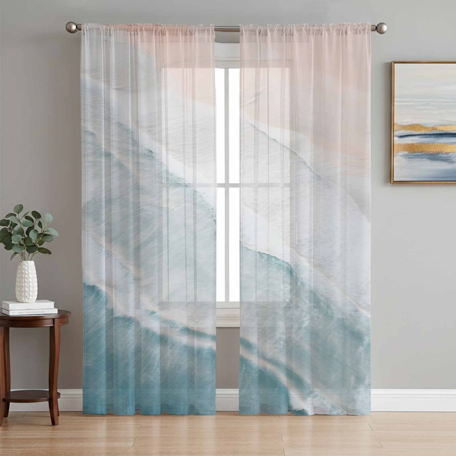 Beach Blue Sheer Curtains 84 Inch Length 2 Panels Set, Gradient Ocean ...