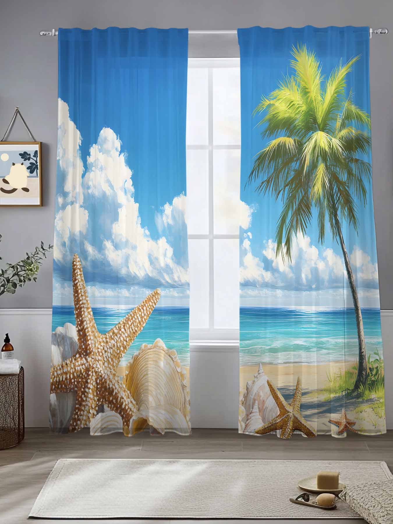Beach Blue Sheer Curtains for Living Room Bedroom Starfish Palm Tree ...