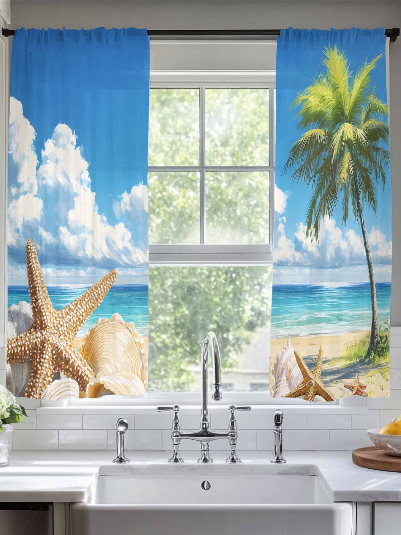 Beach Blue Sheer Curtains for Living Room Bedroom Starfish Palm Tree ...