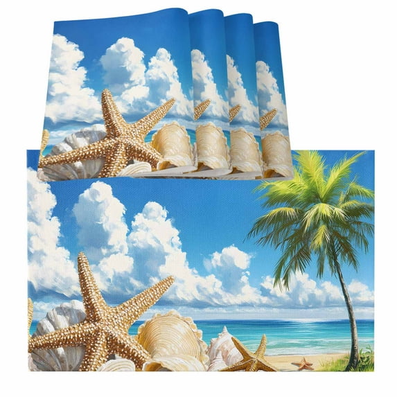 Beach Blue Starfish Palm Tree Shell Sandy Beach Burlap Kitchen Place ...