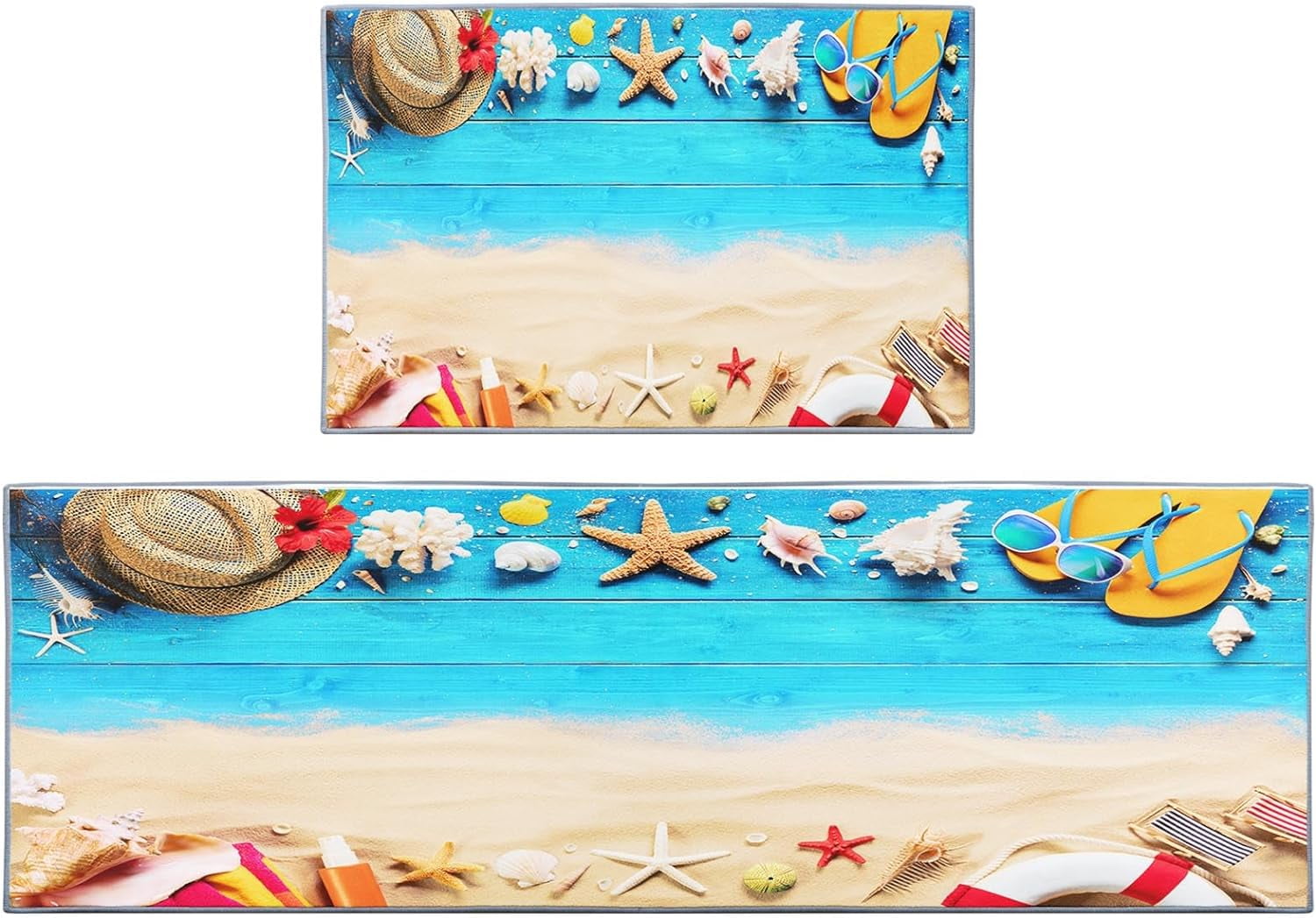 Beach Blue Summer Kitchen Rugs and Mats Non Skid Washable Set of 2 ...