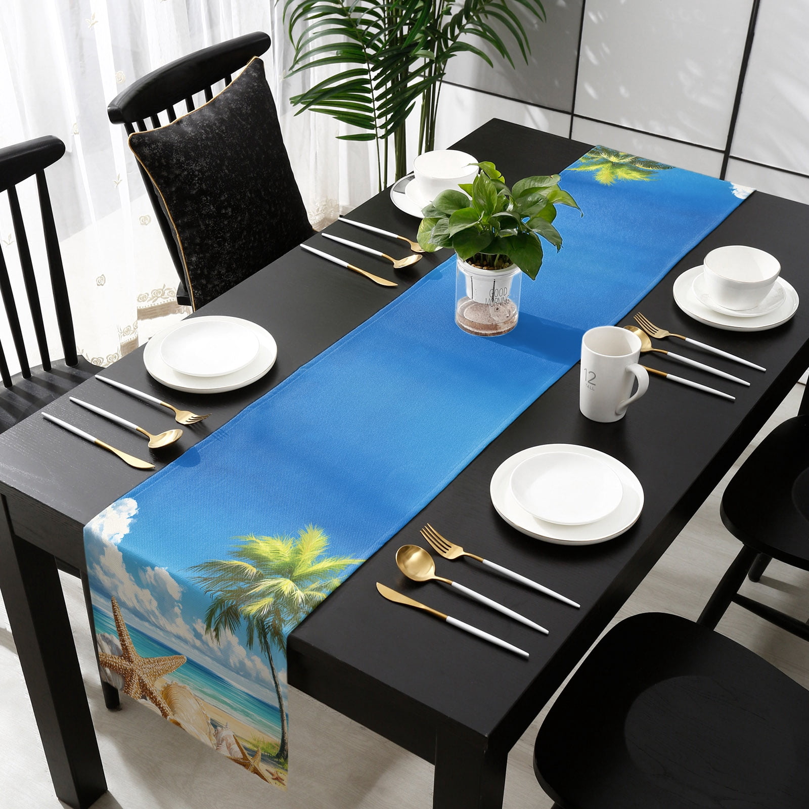 Beach Blue Table Runner 90 Inches Long - Starfish Palm Tree Shell Sandy ...